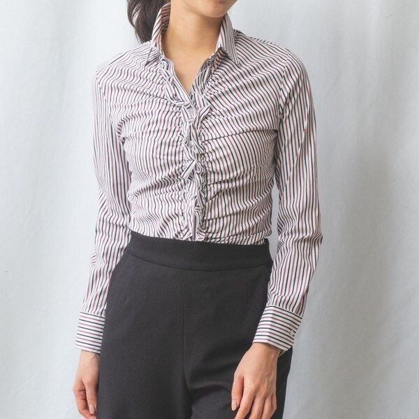 ナラカミーチェ（NARACAMICIE）/【NARACAMICIE】ストレッチシャイニーストライプフロントギャザーシャツ