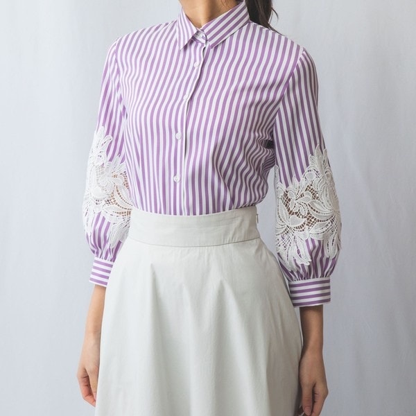 ナラカミーチェ（NARACAMICIE）/【NARACAMICIE】袖レースストライプ八分袖シャツ