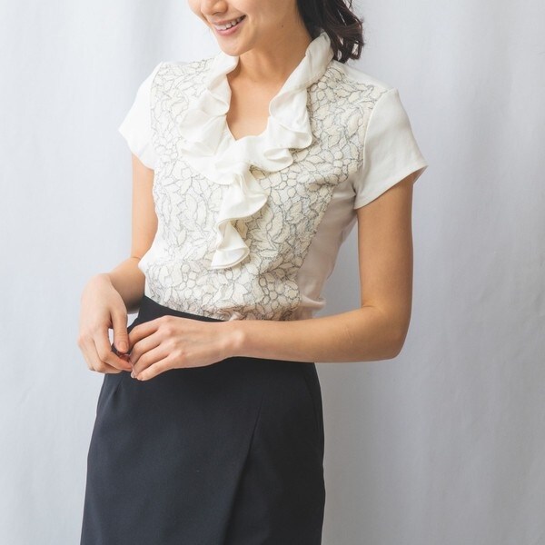 ナラカミーチェ（NARACAMICIE）/【NARACAMICIE】レースコンビフリル半袖カットソー