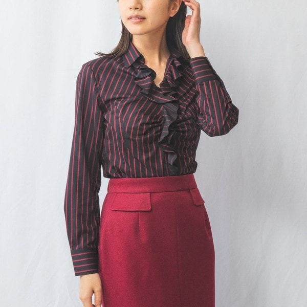 ナラカミーチェ（NARACAMICIE）/【NARACAMICIE】ダークストライプ襟付きフリル長袖シャツ