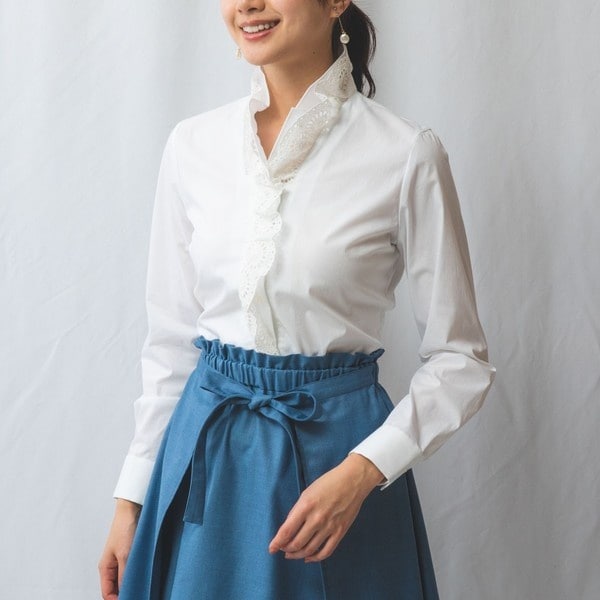 ナラカミーチェ（NARACAMICIE）/【NARACAMICIE】二重スタンドフリルレースブロード長袖シャツ