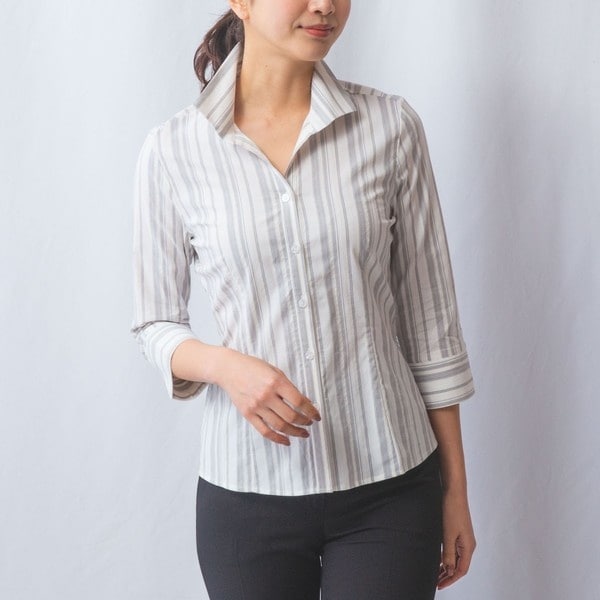 ナラカミーチェ（NARACAMICIE）/【NARACAMICIE】ストレッチランダムストライプスタンドカラー七分袖シャツ