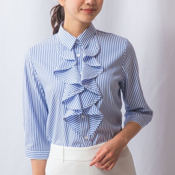 ナラカミーチェ（NARACAMICIE）/【NARACAMICIE】ストレッチストライプフリル七分袖シャツ