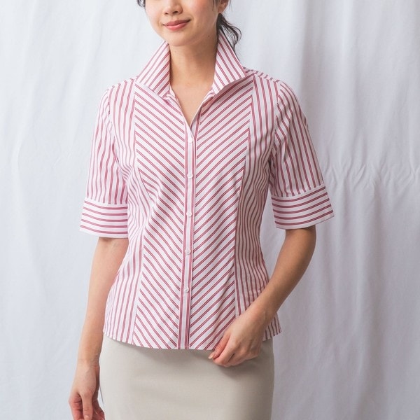 ナラカミーチェ（NARACAMICIE）/【NARACAMICIE】ストライプスタンドカラー半袖シャツ