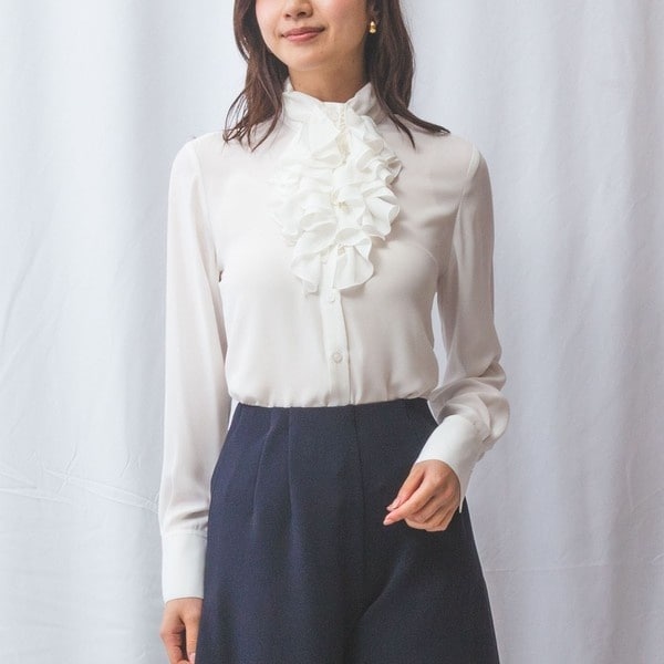 ナラカミーチェ（NARACAMICIE）/【NARACAMICIE】無地ジョーゼットフリル長袖ブラウスホワイト