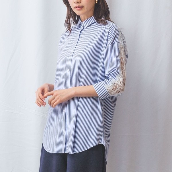 ナラカミーチェ（NARACAMICIE）/【NARACAMICIE】ストレッチストライプ肩レース七分袖シャツ