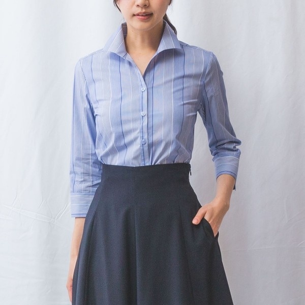 ナラカミーチェ（NARACAMICIE）/【NARACAMICIE】ストライプスタンドカラー七分袖シャツ