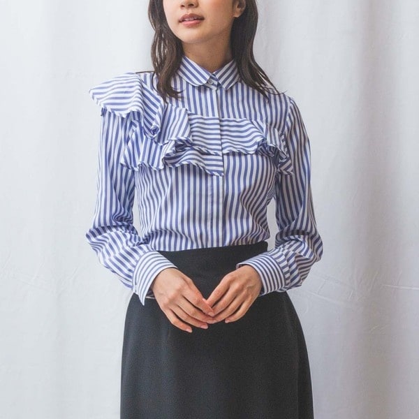 ナラカミーチェ（NARACAMICIE）/【NARACAMICIE】ストレッチストライプフロントフリル長袖シャツ