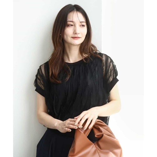 MK ミッシェルクラン（MK MICHEL  ）/チュールテープデザインフレンチスリーブニット/洗える