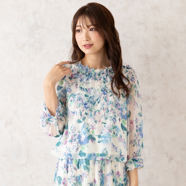 ローズティアラ（Rose Tiara）/【セットアップ対応】ローズプリントバルーンヘムブラウス