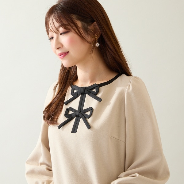 ローズティアラ（Rose Tiara）/【伸縮性◎/イージーケア】配色リボンワンピース