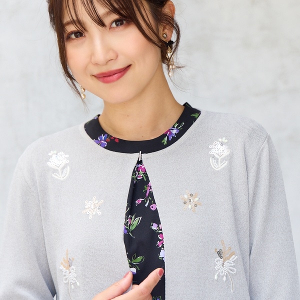 ローズティアラ（Rose Tiara）/【人気デザイン】フラワースパンコール刺繍カーディガン