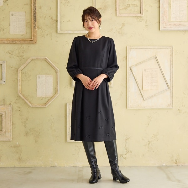 ローズティアラ（Rose Tiara）/【ウールライク素材】サテンリボンワンピース