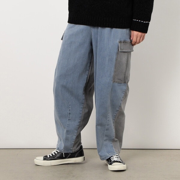 パープル＆イエロー（Purple & Yellow）/デニム配色ワイドテーパードカーゴパンツ
