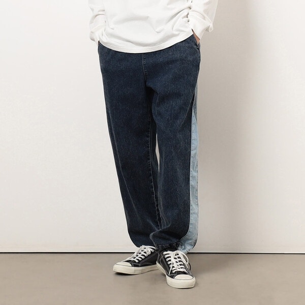 パープル＆イエロー（Purple & Yellow）/ストレッチデニム配色切り替えパンツ