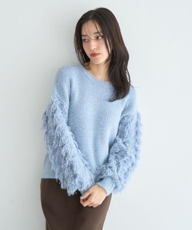 【NEW】イェッカ ヴェッカ（YECCA VECCA）/ラメフェザー袖フリンジニット