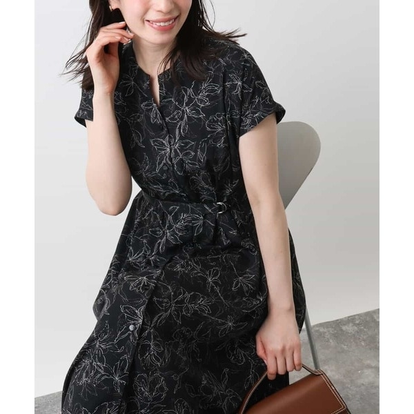 オフオン（OFUON）/ラインフラワープリントワンピース/洗える/WEB限定サイズあり