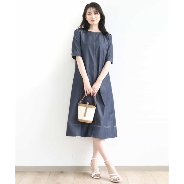 オフオン（OFUON）/配色ステッチデニムライクワンピース/UVカット/洗える/WEB限定サイズあり