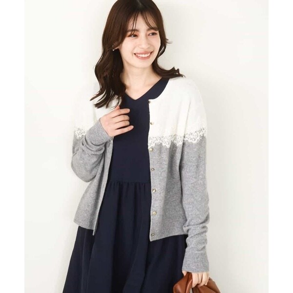 オフオン（OFUON）/スカラップレース配色ニットカーディガン/洗える/WEB限定サイズあり