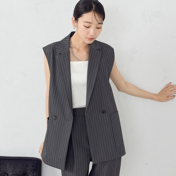 コムサイズム（COMME CA ISM）/【 セットアップ対応 】ポリエステルレーヨンストレッチツイル ストライプ Wブレストジレ