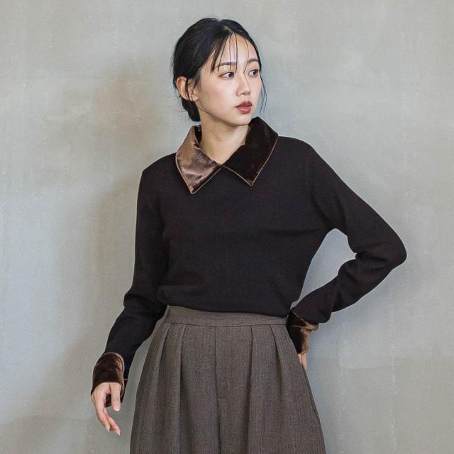 ドロワットロートレアモン（Droite lautreamont）/ベロア襟付きニット≪手洗い可能≫