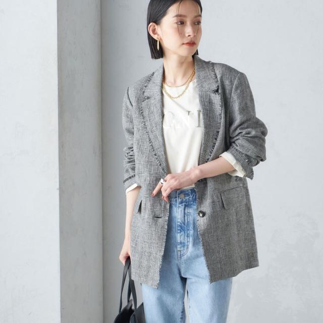 シップス（SHIPS）/〈手洗い可能〉チェック / 無地 フリンジ ボクシー ジャケット