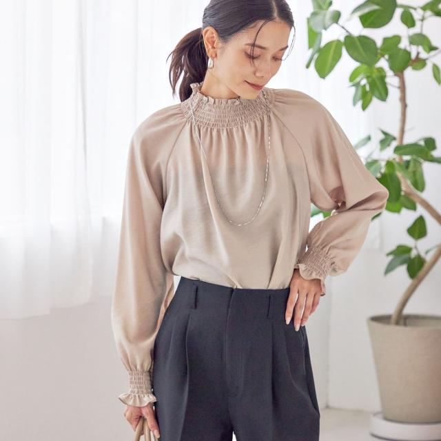 シップス（SHIPS）/〈洗濯機可能〉シャーリング ネック 長袖 ブラウス