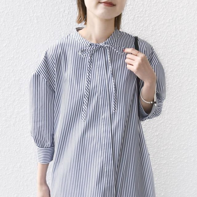 シップス（SHIPS）/〈手洗い可能〉スタンドカラー リボン ストライプ シャツ ワンピース