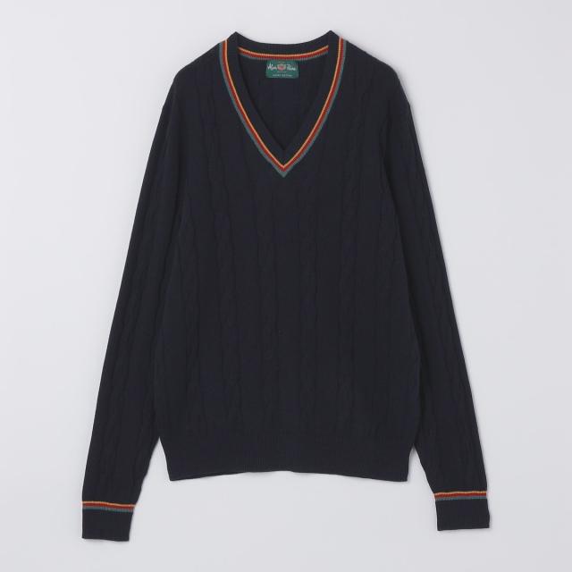 シップス（SHIPS）/ALANPANE: 12ゲージ ケーブル編み コットン Vネック クリケットセーター