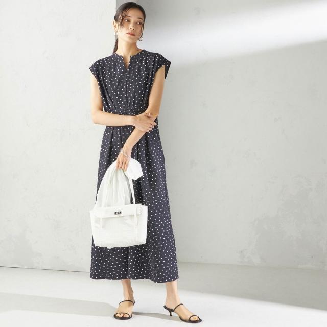 シップス（SHIPS）/〈手洗い可能〉サッカー ストレッチ ドット 無地 フレンチ スリーブ ワンピース