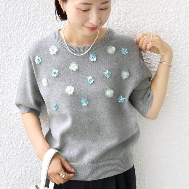 シップス（SHIPS）/〈手洗い可能〉フラワー ビジュー ショート スリーブ ニット プルオーバー