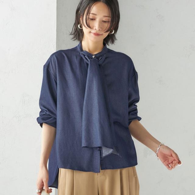 シップス（SHIPS）/《予約》〈手洗い可能〉デニム ライク リボン タイ ブラウス