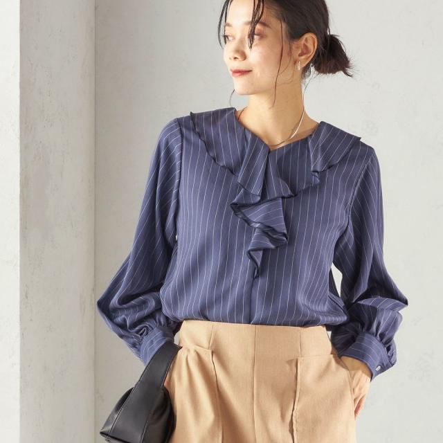 シップス（SHIPS）/〈手洗い可能〉フィブリル ストライプ フリル カラー ブラウス