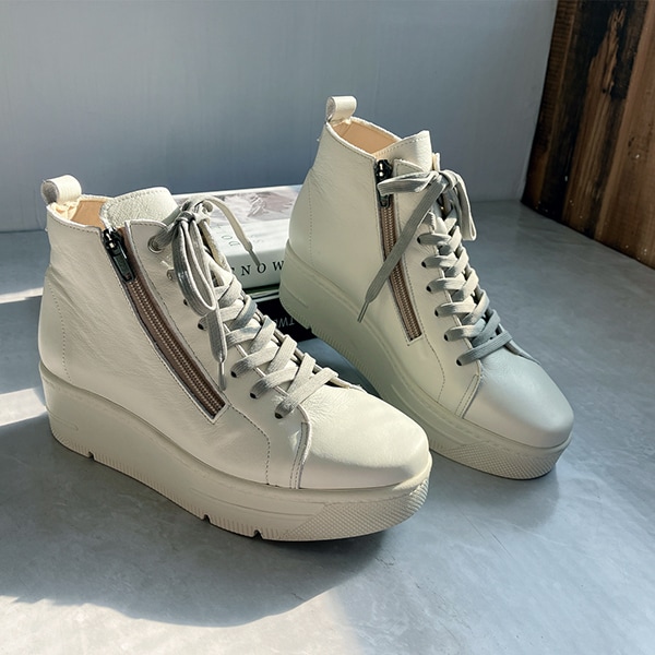 JS ハートレーベル（JS Heartlavel）/厚底 本革 日本製 サイドファスナー レースアップ ハイカットスニーカー