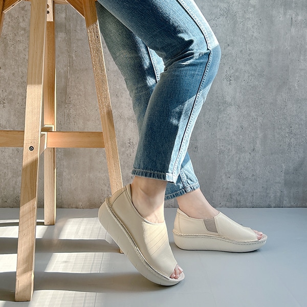 JS ハートレーベル（JS Heartlavel）/本革 日本製 幅広 厚底 オープントゥ コンフォートシューズ