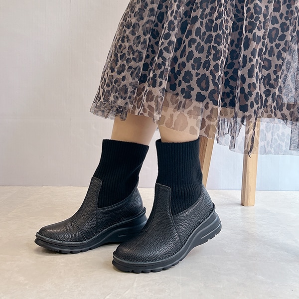 JS ハートレーベル（JS Heartlavel）/【25秋冬新作】2WAY レザー＆ニット 異素材カジュアルレザーミドルブーツ 日本製