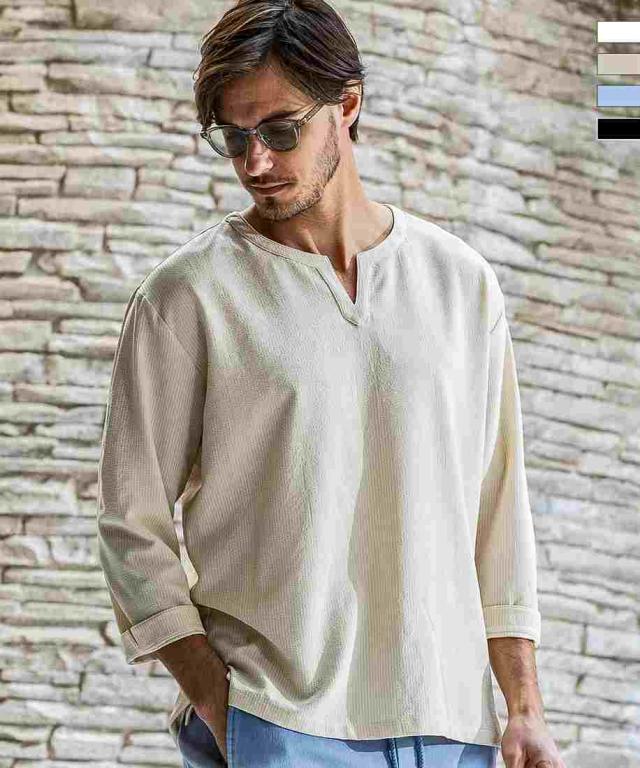 エイケイエム コンテンポラリー（AKMContemporary）/AKM Contemporary キーネックプルオーバーシャツ(シアサッカー / 防シワ)