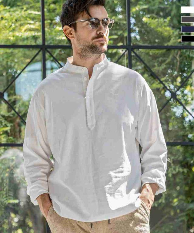 ウノピゥウノウグァーレトレ リラックス（1PIU1UGUALE3 RELAX）/1PIU1UGUALE3 RELAX リネンブレンドバンドカラーヘンリーネックシャツ