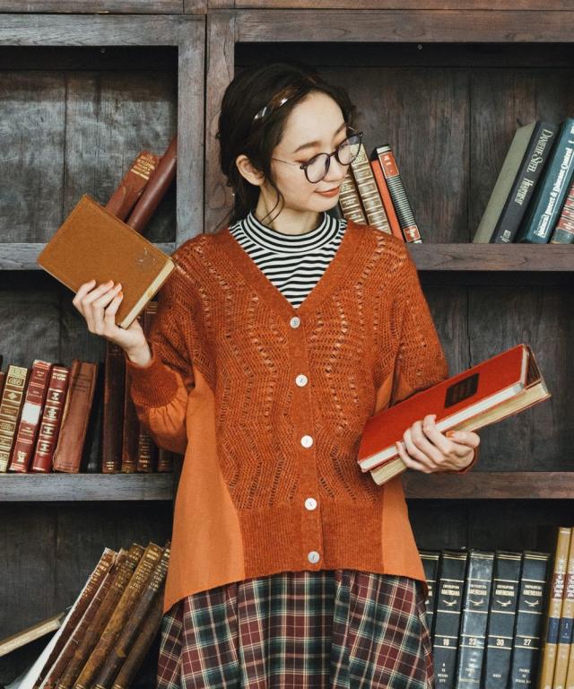 サブ ストリート（sab street）/【大きいサイズ】 9号・15号(M・3L) FONTLAB 布帛ドッキング透かし編みカーディガン