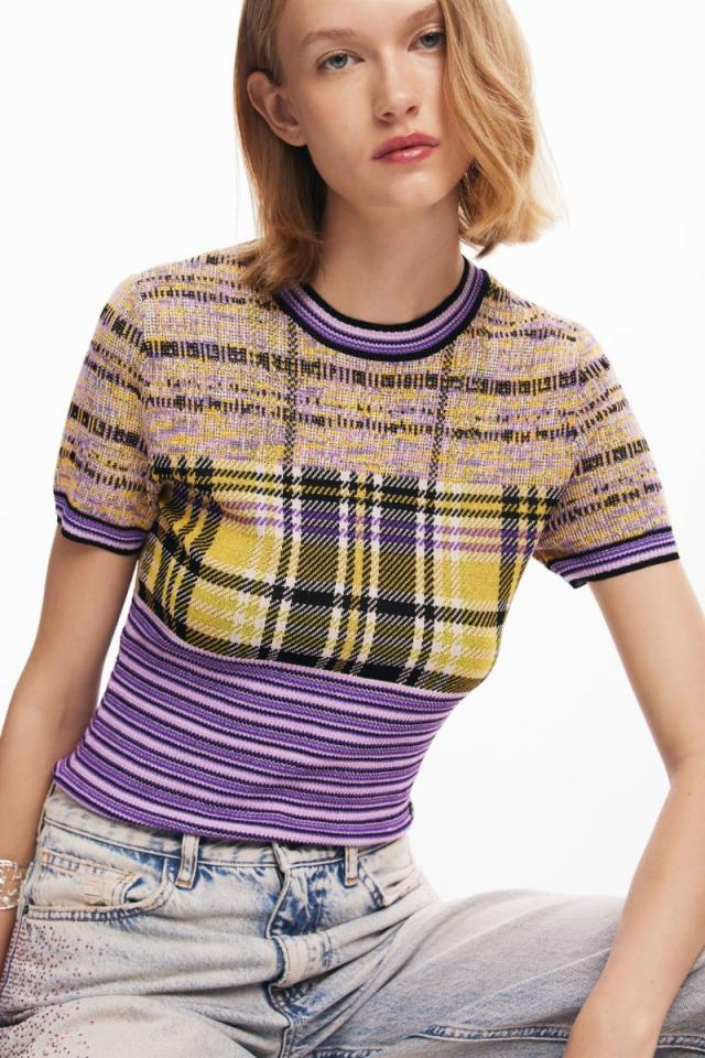 デシグアル（Desigual）/ストライプとチェックのニットTシャツ
