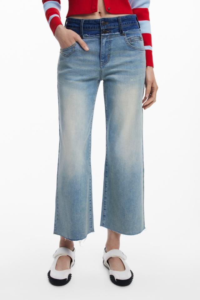 デシグアル（Desigual）/【6サイズ展開/34/44】バイカラーダブルウエストクロップドジーンズ