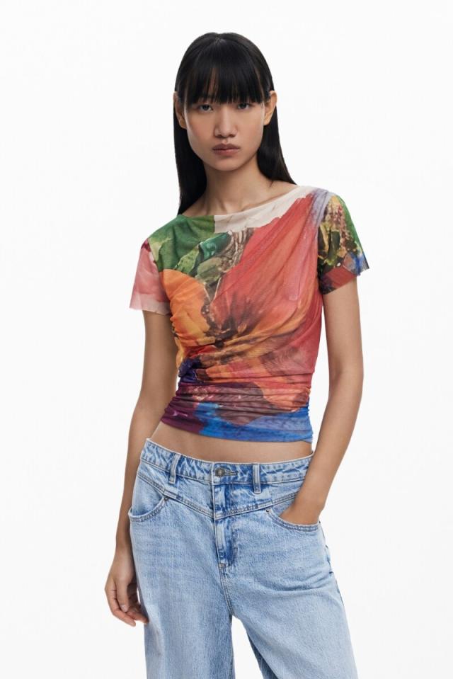デシグアル（Desigual）/【5サイズ展開/XS/XL/大きいサイズ】フラワープリント チュール ドレープTシャツ