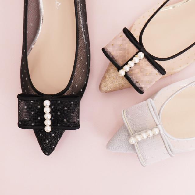 アルテミス by ダイアナ（artemis by DIANA）/パールモチーフリボン　ポインテッドトゥフラットパンプス