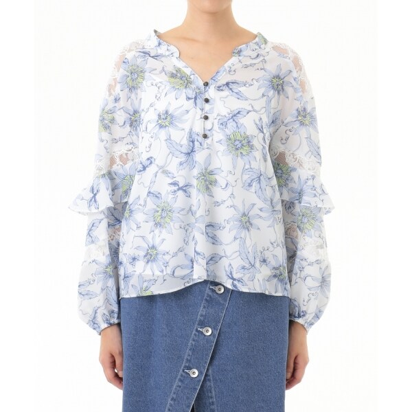 グレースコンチネンタル/フラワープリントカフタンレーストップ