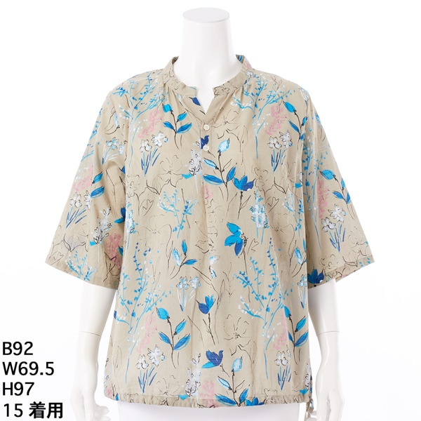 スーパーハッカフィーユ（super hakka feuille）/[15〜19号]コットンスラブローンハンドタッチフラワープリントスキッパーブラウス