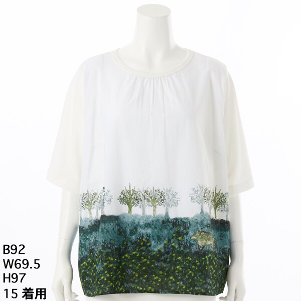 スーパーハッカフィーユ（super hakka feuille）/[15〜19号]SUPER HAKKA×サクマユウコ 天竺×ローン「オオカミ」プリントブラウス