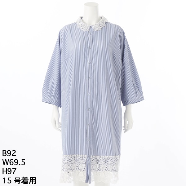 スーパーハッカフィーユ（super hakka feuille）/[15〜19号 ]ワッシャーストライプ+ポピー柄ケミカルレースシャツワンピース(前開き)