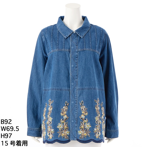 スーパーハッカフィーユ（super hakka feuille）/[15〜19号 ]ライトオンスデニム スカラップブロッサムヴァイン刺繍デニムジャケット