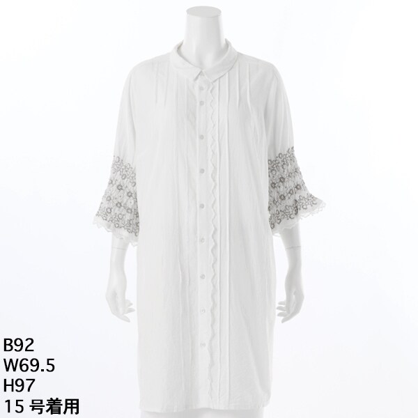 スーパーハッカフィーユ（super hakka feuille）/[15〜19号 ]コットンローンワッシャー シャーリングフローラルライン刺繍チュニックブ…