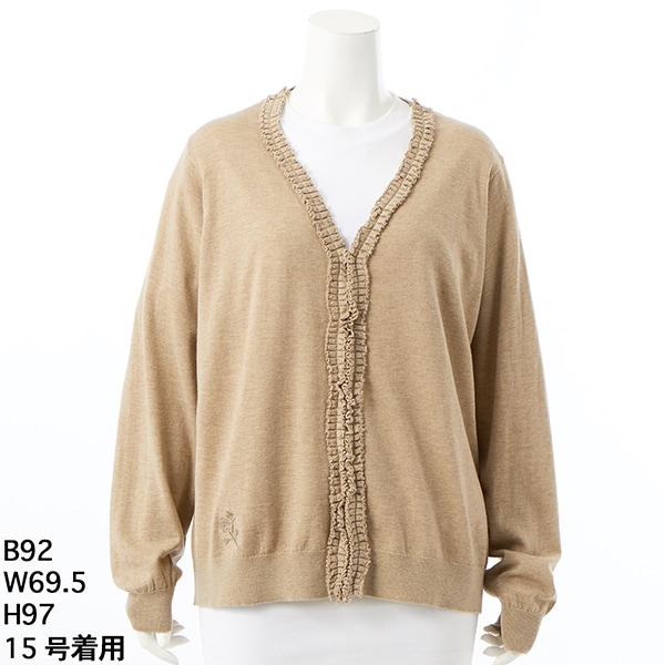スーパーハッカフィーユ（super hakka feuille）/[15〜19号]フラワーワンポイント刺繍コットンアクリルフリルタックニットカーディガン